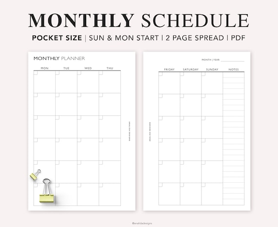 POCKET Monthly Planner Printable Month on Two Pages Monthly | Etsy