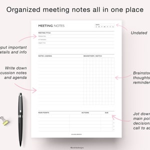 Meeting Notes, Happy Planner Insert, Work Organizer, Daily Weekly Work ...