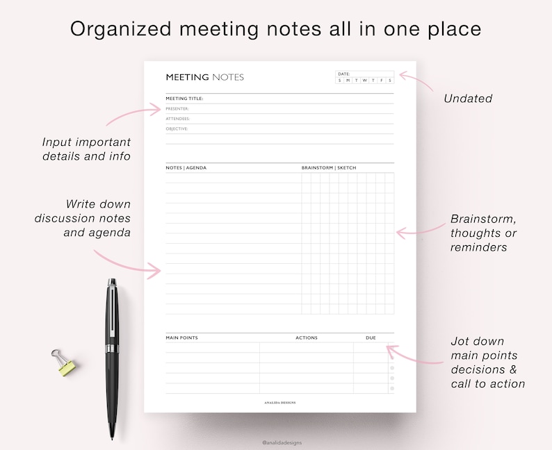 Meeting Notes Printable Work Organizer Daily Weekly Work - Etsy