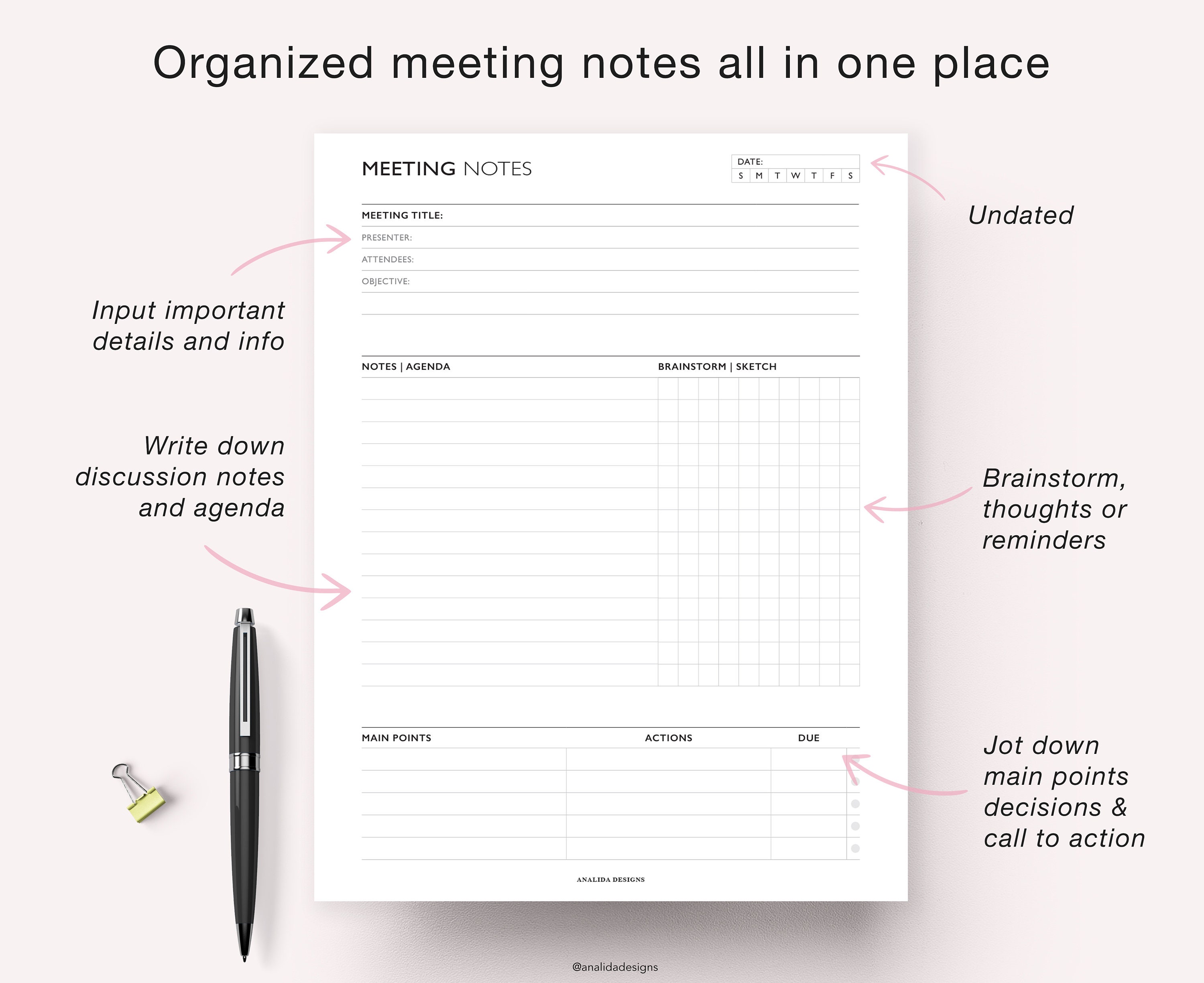Meeting Notes Printable: Work Organizer, Agenda Template (A5, Letter ...