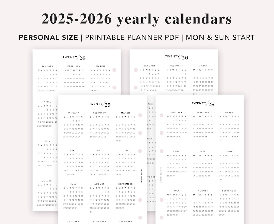 2025-2026 Yearly Calendar: Personal Size Planner Insert (PDF) - Etsy