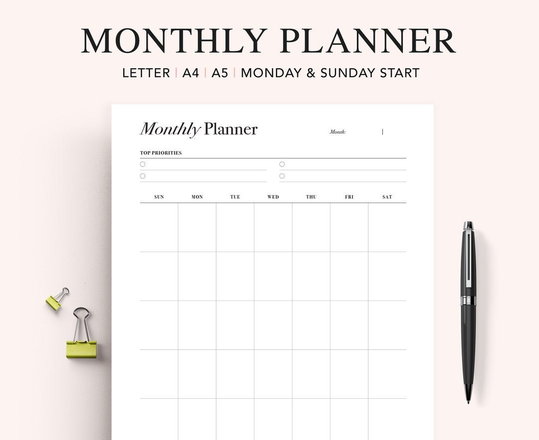 Monthly Planner Printable, Undated Monthly Planner, Work Planner ...