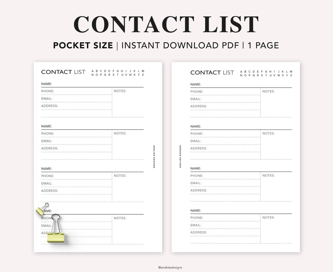 POCKET Printable Contact List, Print at Home Planner Pages, Address Log ...