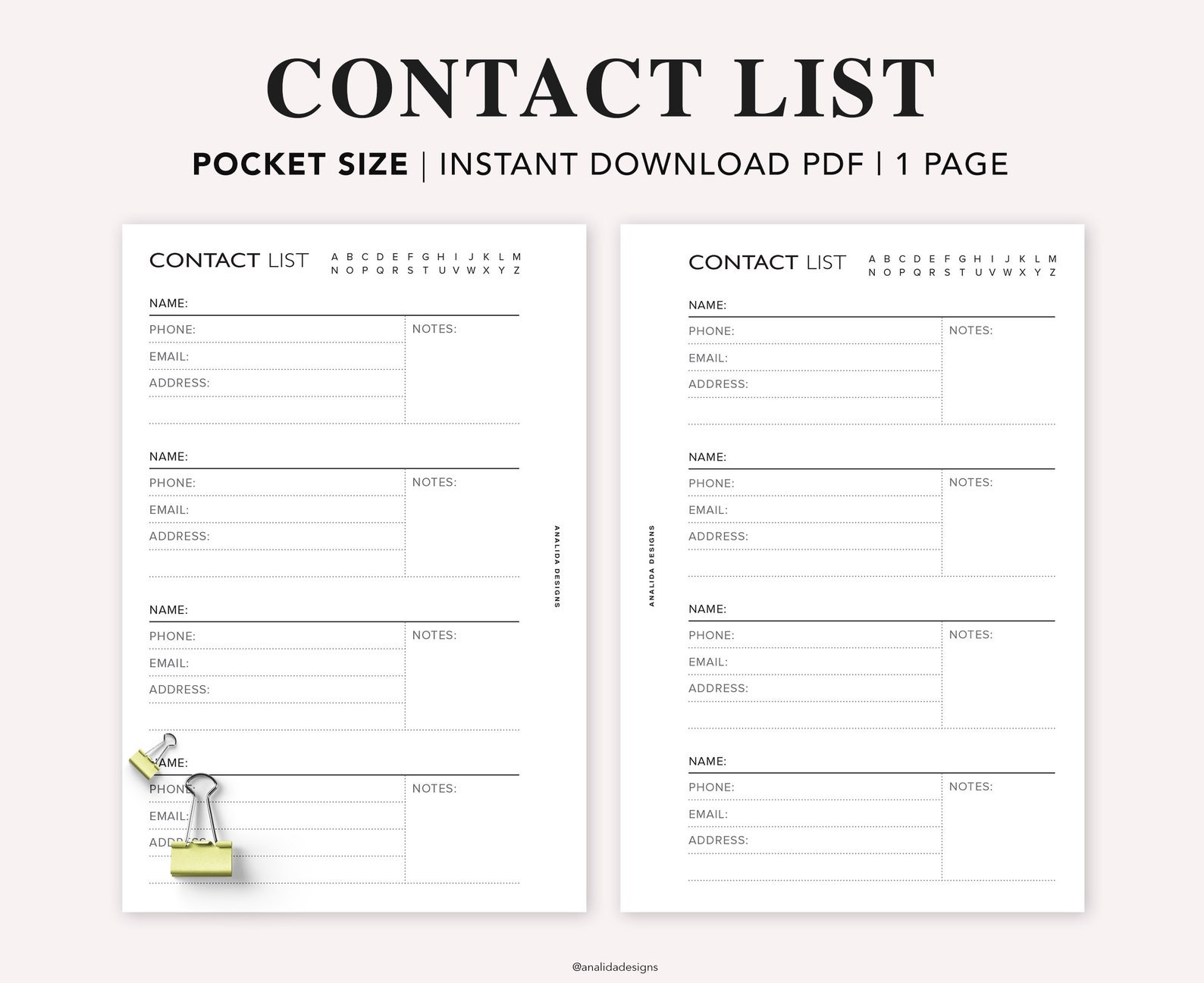 POCKET Printable Contact List Print at Home Planner Pages | Etsy