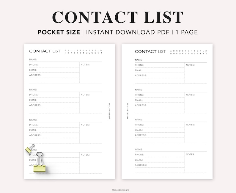 POCKET Printable Contact List Print at Home Planner Pages - Etsy