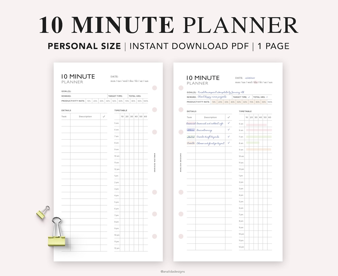 10 Minute Planner Printable: Personal Size Time Tracker (PDF) - Etsy