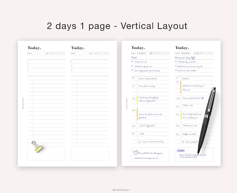 2 Days on 1 Page Daily Planner Insert Day Planner Daily to | Etsy