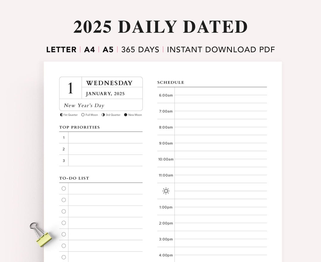 2025 Dated Daily Planner Printable, Daily Printable Inserts, Time Blocking Template, Work Day ...