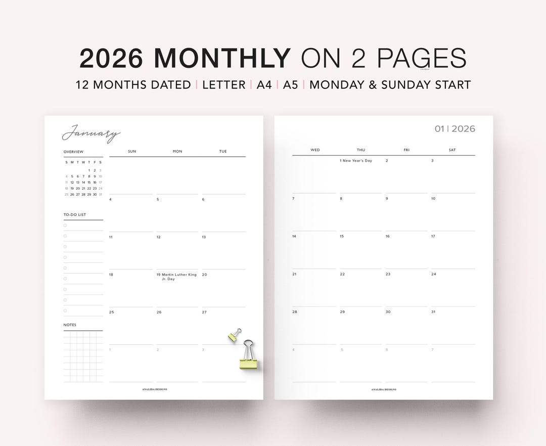 2026 Monthly Calendar Printable Planner Inserts: MO2P, A5/a4/letter ...