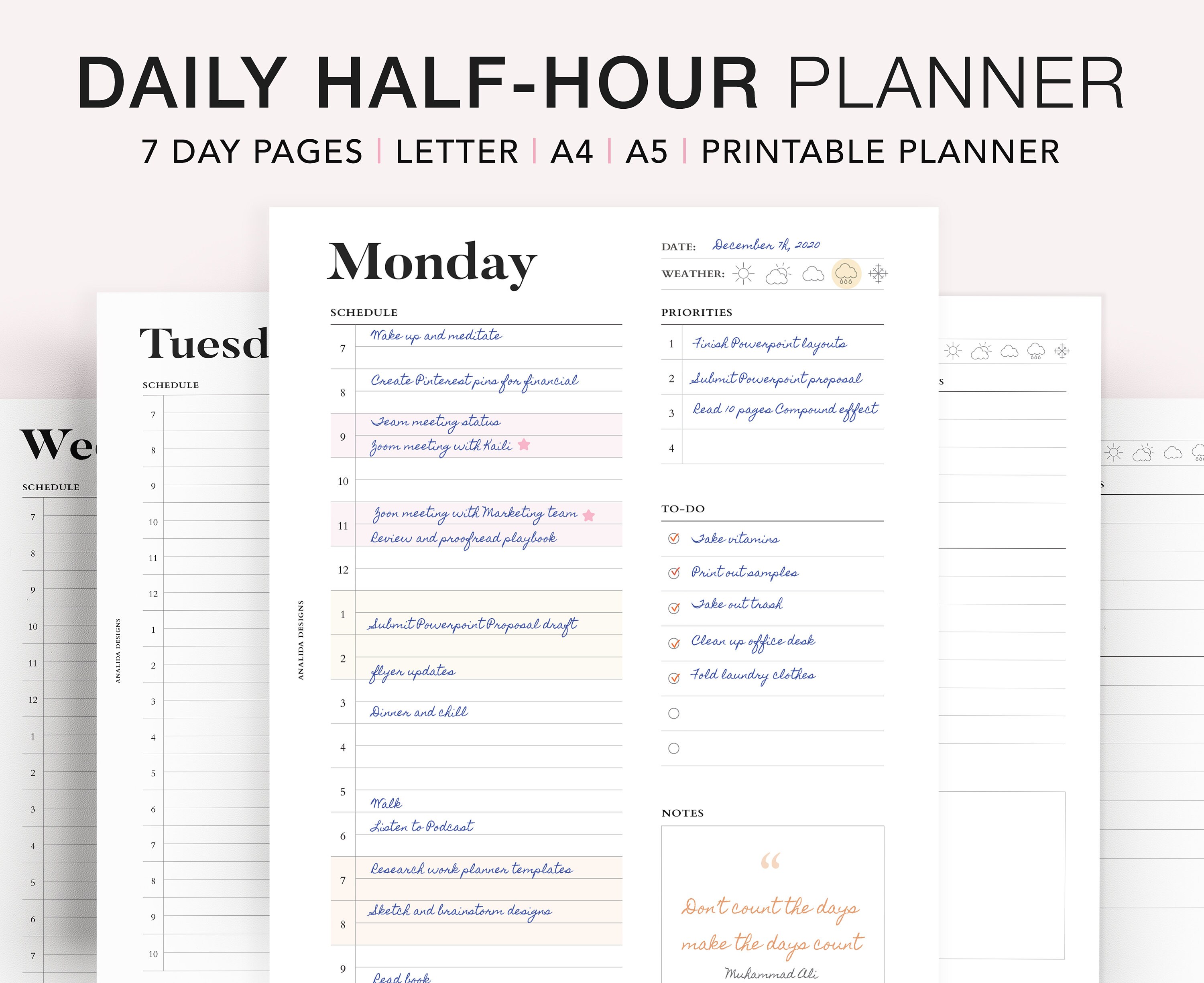 7 Day Planner Printable Daily Half Hour Planner Undated - Etsy UK