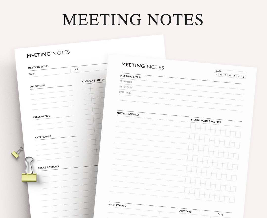 Meeting Notes Printable: Work Organizer, Agenda Template (A5, Letter ...
