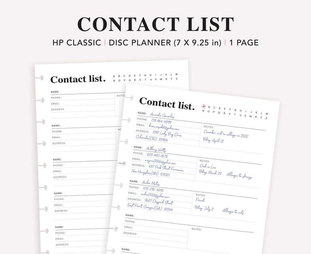 Printable Contact List, Happy Planner Classic Insert, Print at Home ...