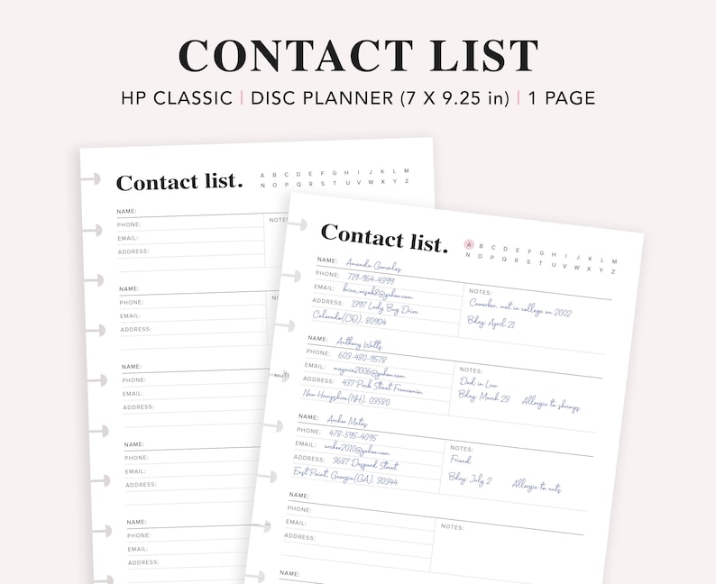 Printable Contact List Happy Planner Classic Insert Print at - Etsy