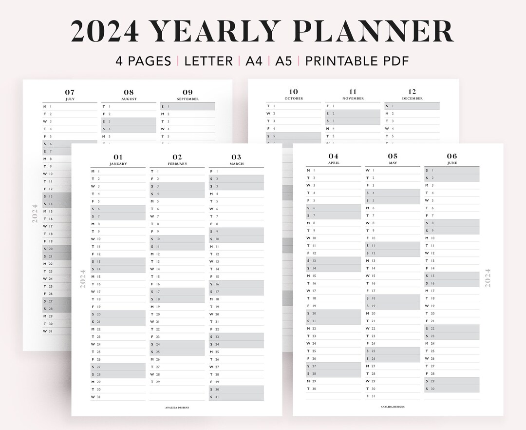 2024 Year Calendar Printable, Yearly Overview, Year at a Glance ...