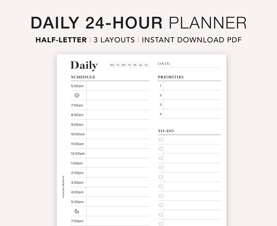 24 Hour Daily Planner Printable: Half Letter AM/PM Schedule (PDF ...