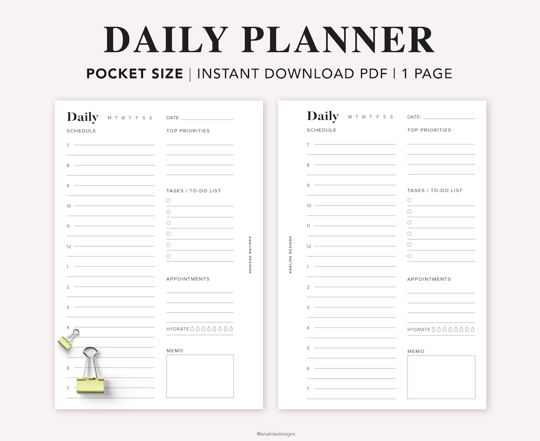 POCKET Daily Planner Printable, Hourly Planner, Work Planner, Task ...