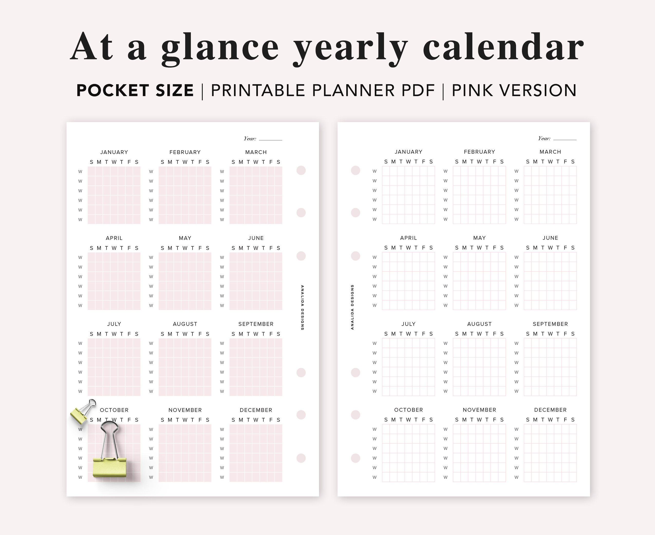 POCKET Calendar Printable Undated Yearly Calendar Annual | Etsy