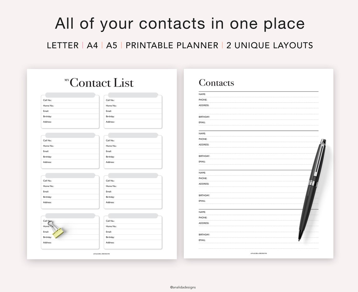 Contact List Printable Contacts Emergency Contact | Etsy