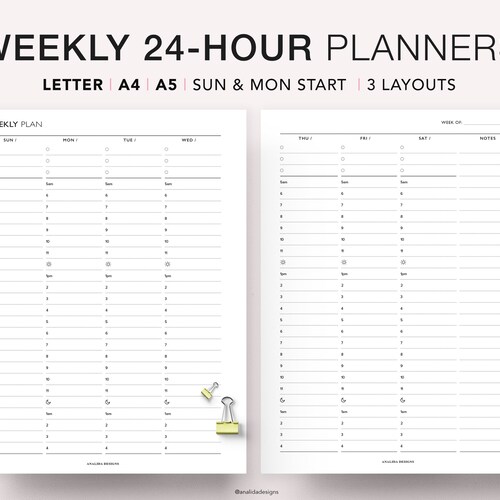 24 Hour Weekly Schedule on 2 Pages Week at a Glance Weekly - Etsy