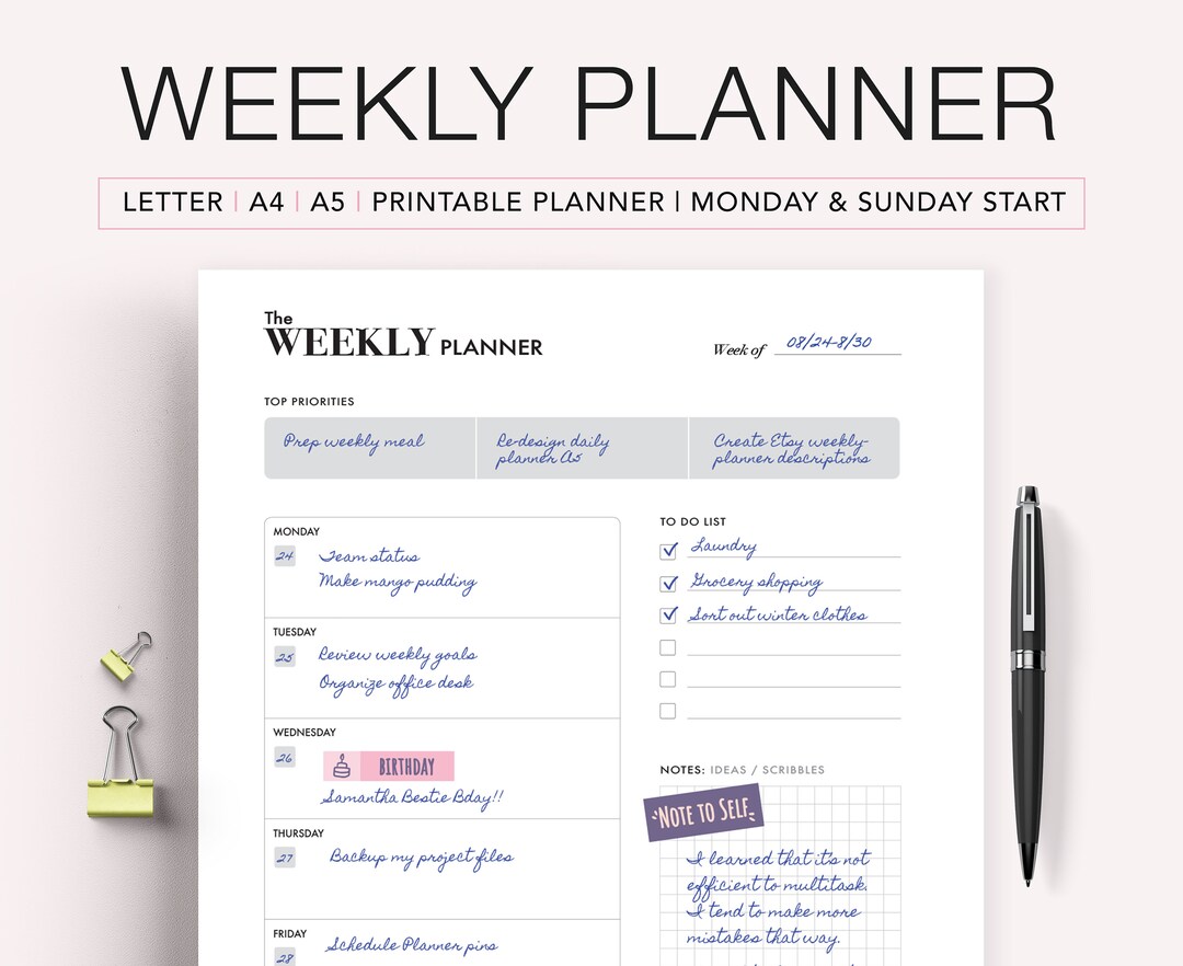 Minimalist Weekly Planner Printable: Undated To-do List (A5, A4, Letter ...