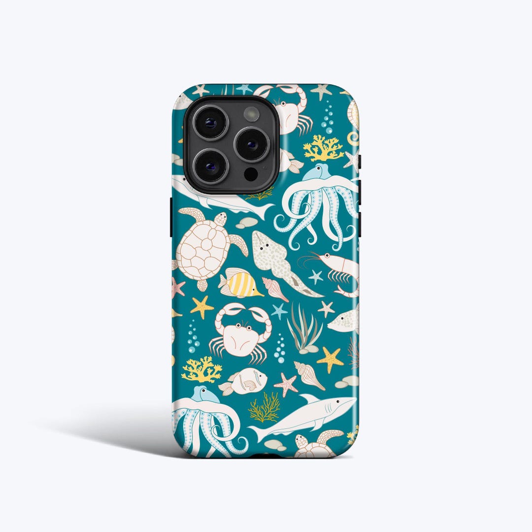 SEA WORLD TEAL Phone Case | Shark, Octopus, Turtle Print, for iPhone 16 ...
