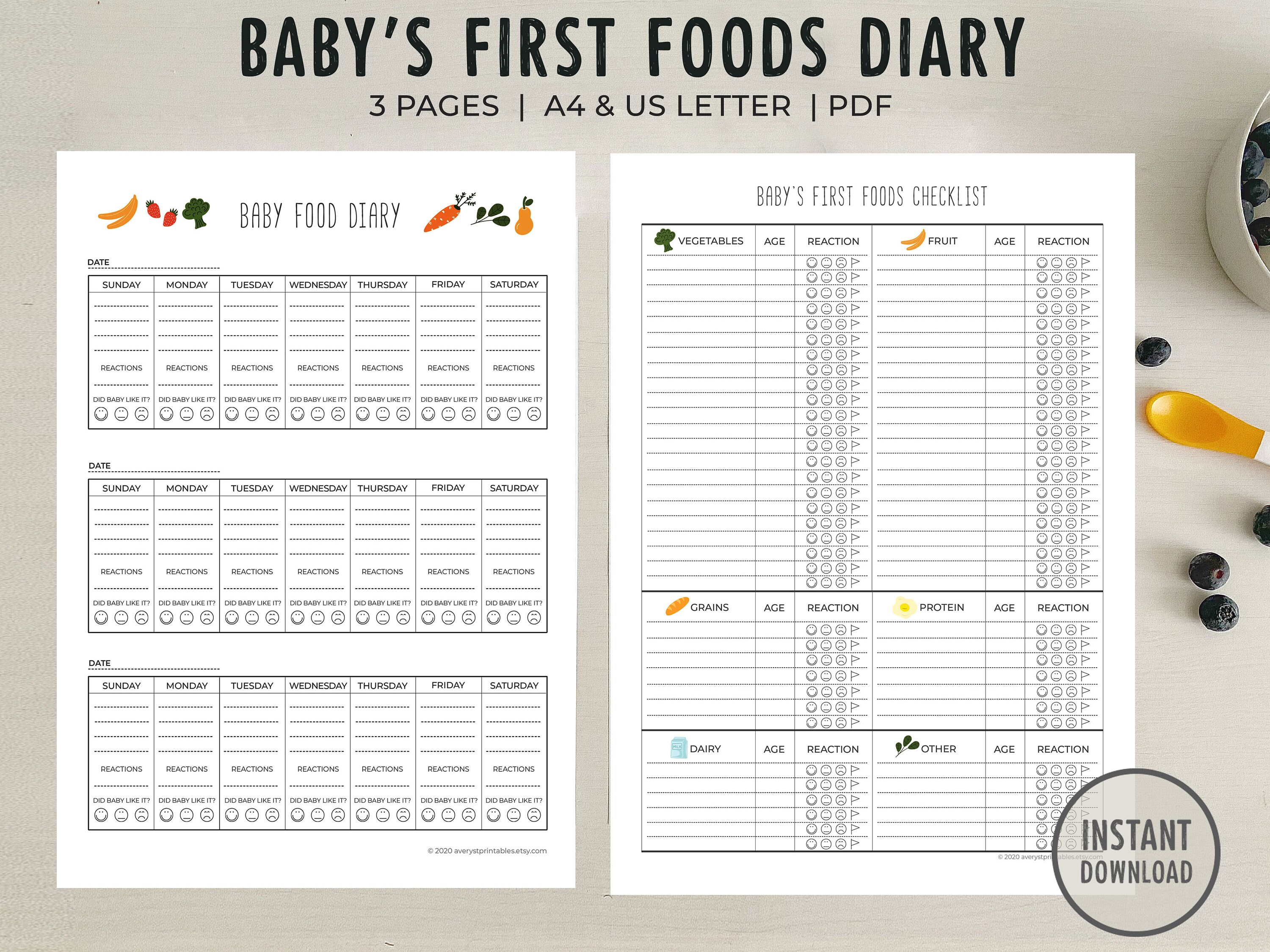 Baby Food Diary Printable Digital Download Instant Download Baby
