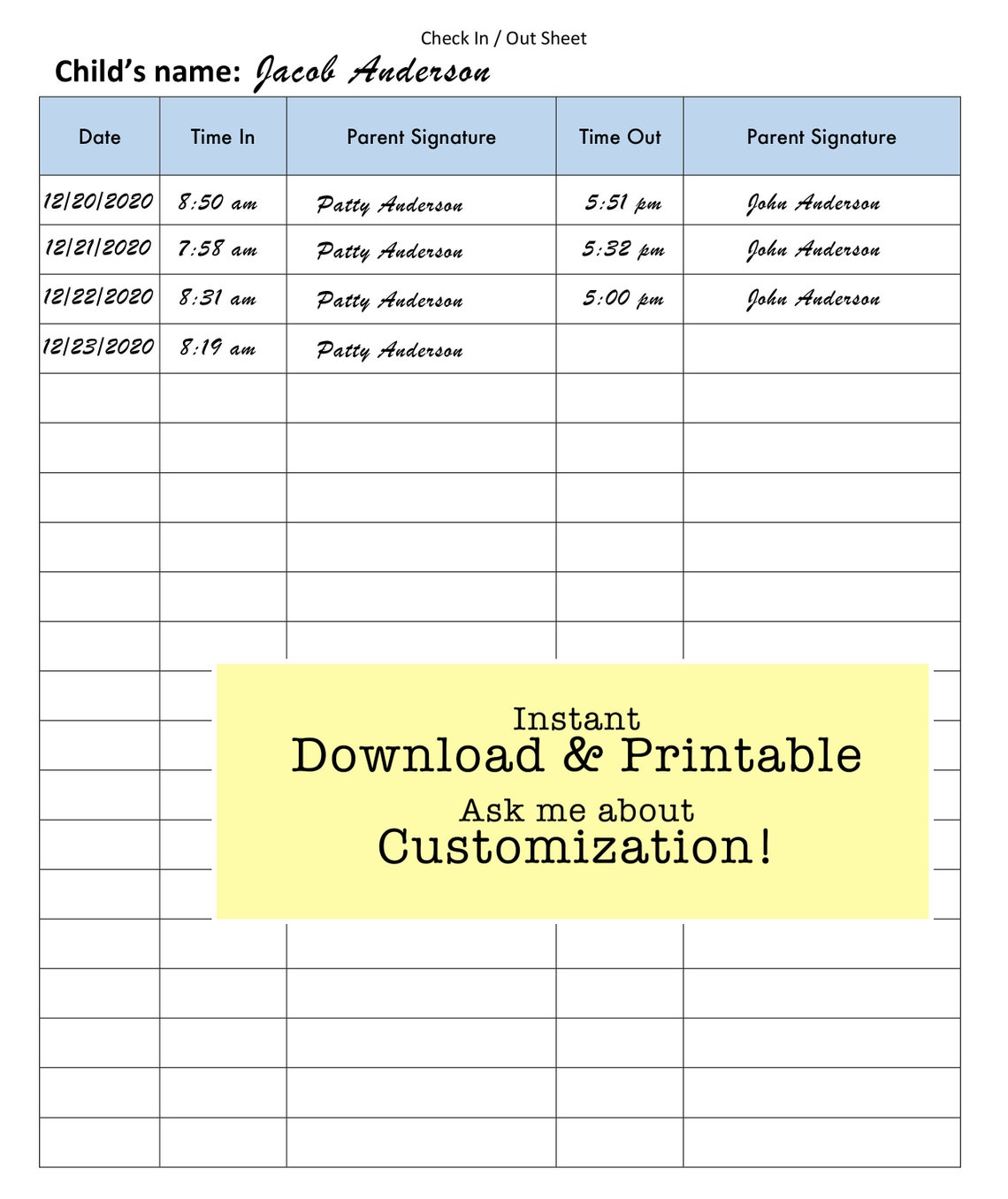 School or Daycare Sign In/out Sheet | Printable Forms | Customizable ...