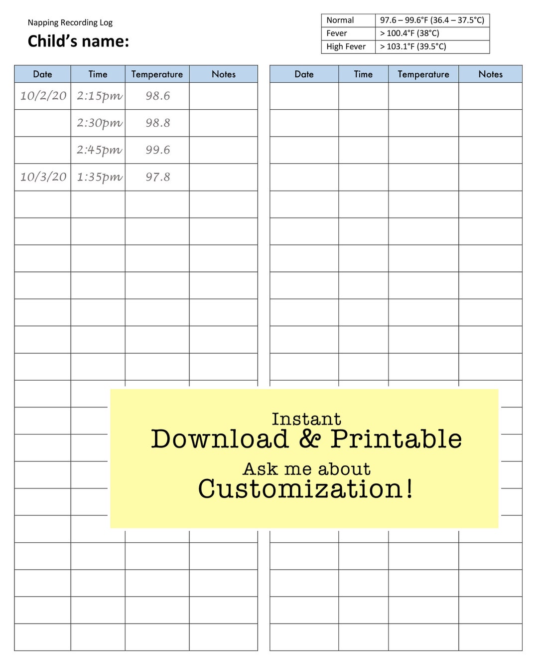 Napping Recording Sheet | Printable Forms | Customizable | Digital File ...