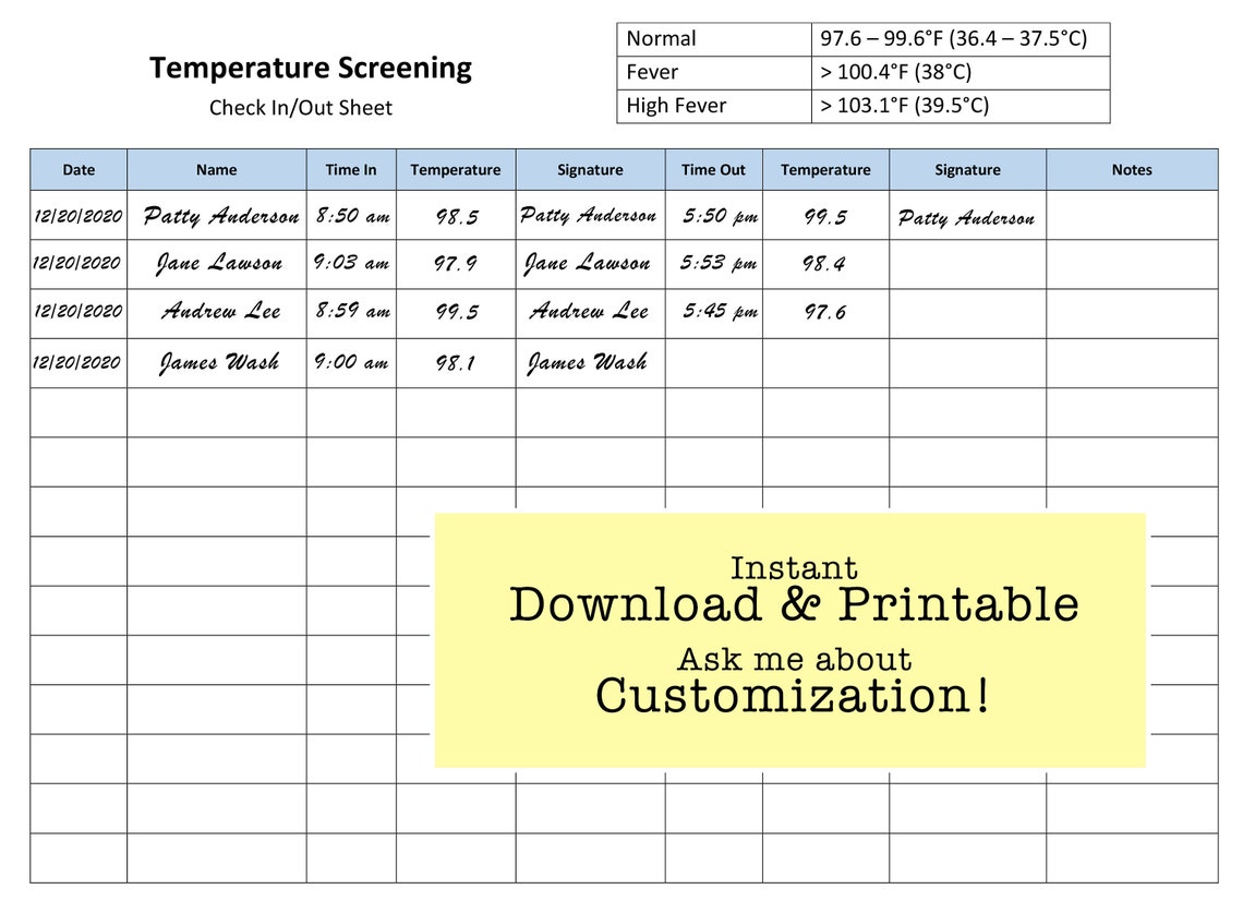 Temperature Recording Sheet | Printable Forms | Customizable | Digital ... Temperature Recording Sheet | Printable Forms | Customizable | Digital ...