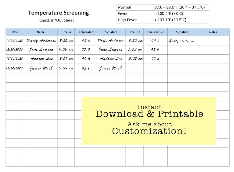 Temperature Recording Sheet | Printable Forms | Customizable | Digital ...
