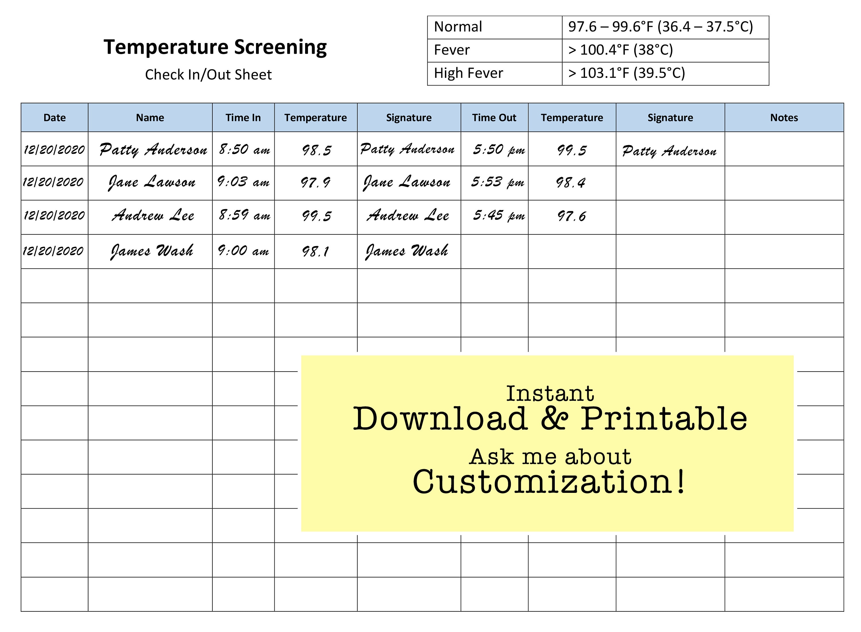 Temperature Recording Sheet Printable Forms Customizable Digital File ... Temperature Recording Sheet Printable Forms Customizable Digital File ...