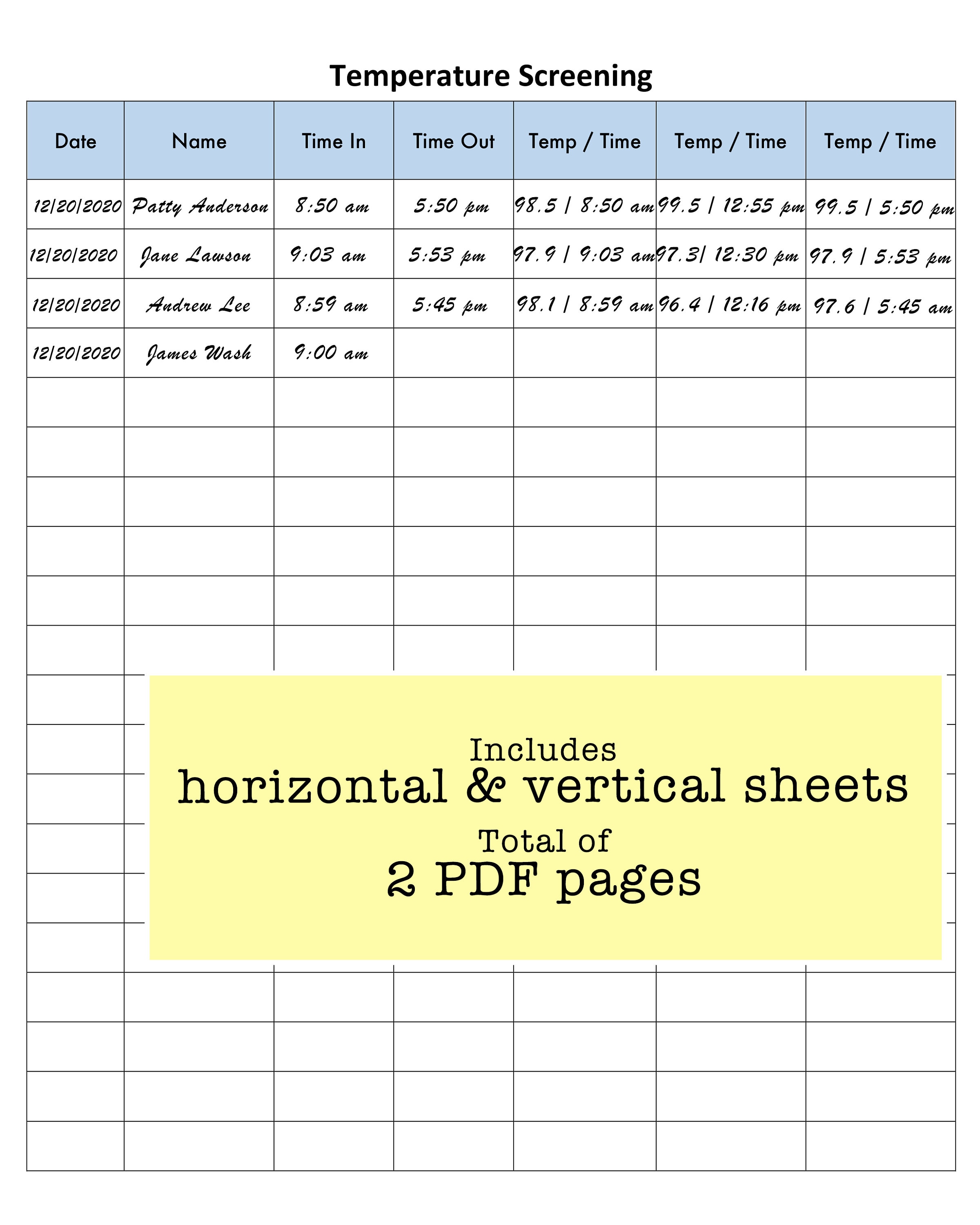 Temperature Recording Sheet | Printable Forms | Customizable | Digital ...