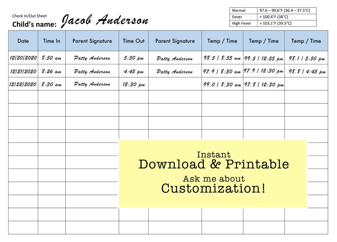 School or Daycare Sign In/out Sheet With Temperature Checks - Etsy