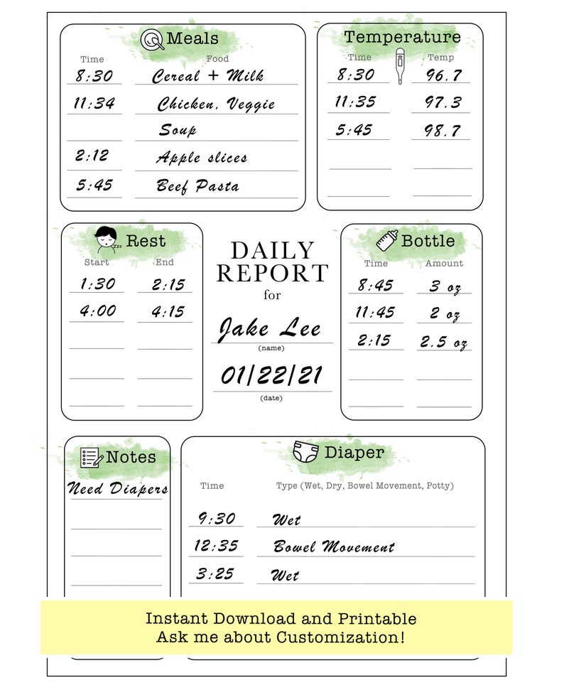 Childcare Daily Report | Printable Forms | Customizable | Digital File ...