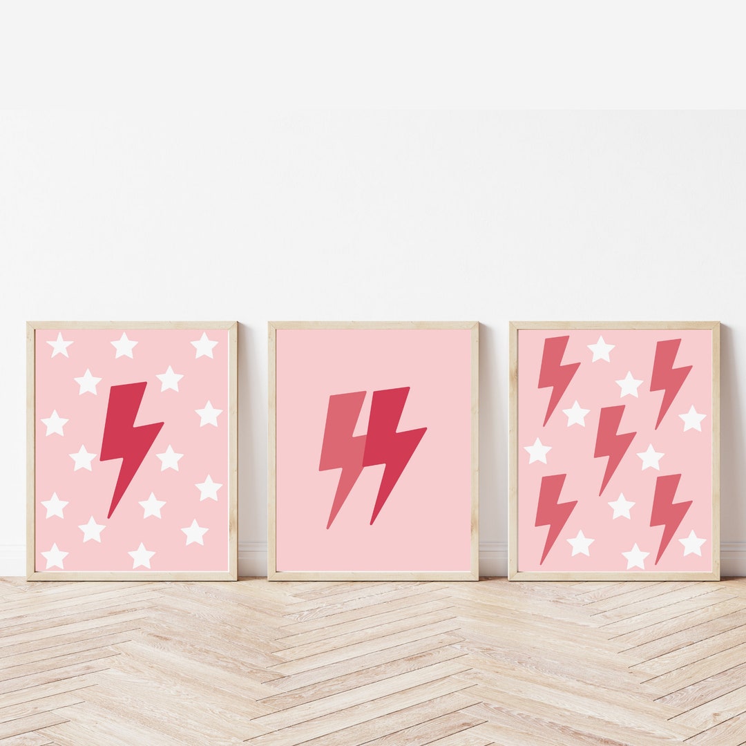 Pink Lightning Bolts Set of 3 Wall Art - INSTANT DOWNLOAD - Preppy Wall ...