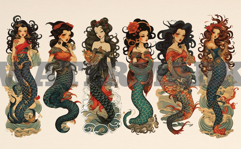 Traditional Japanese Mermaid Old School Vintage Tattoo Set PNG - Etsy
