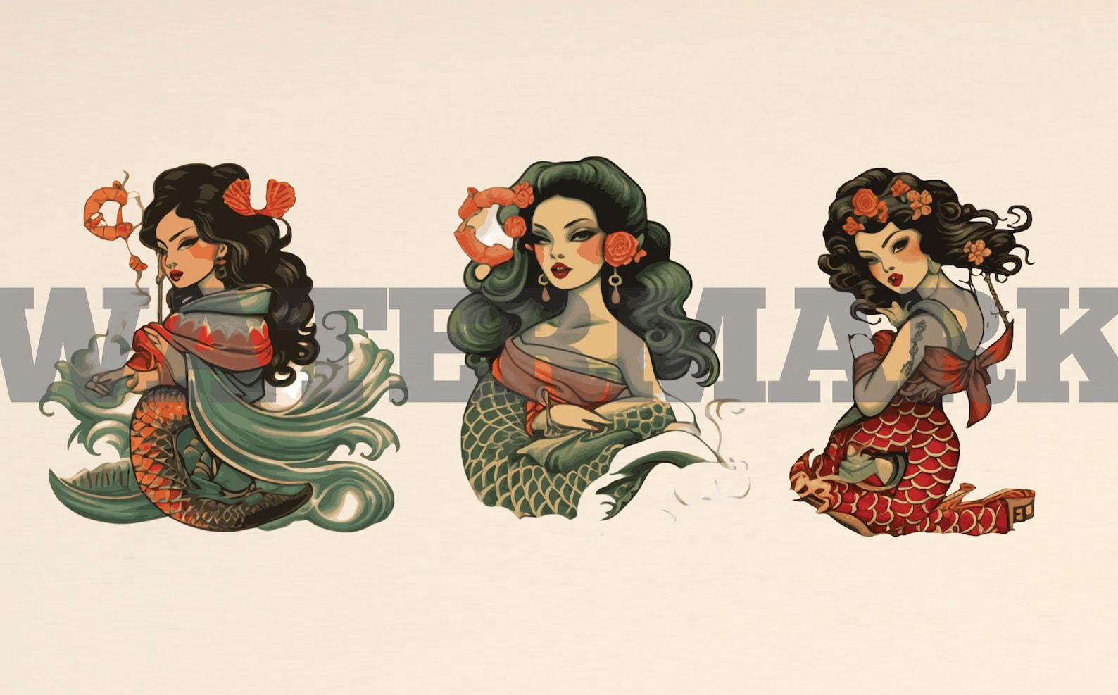 Traditional Japanese Mermaid Old School Vintage Tattoo Set PNG EPS SVG ...