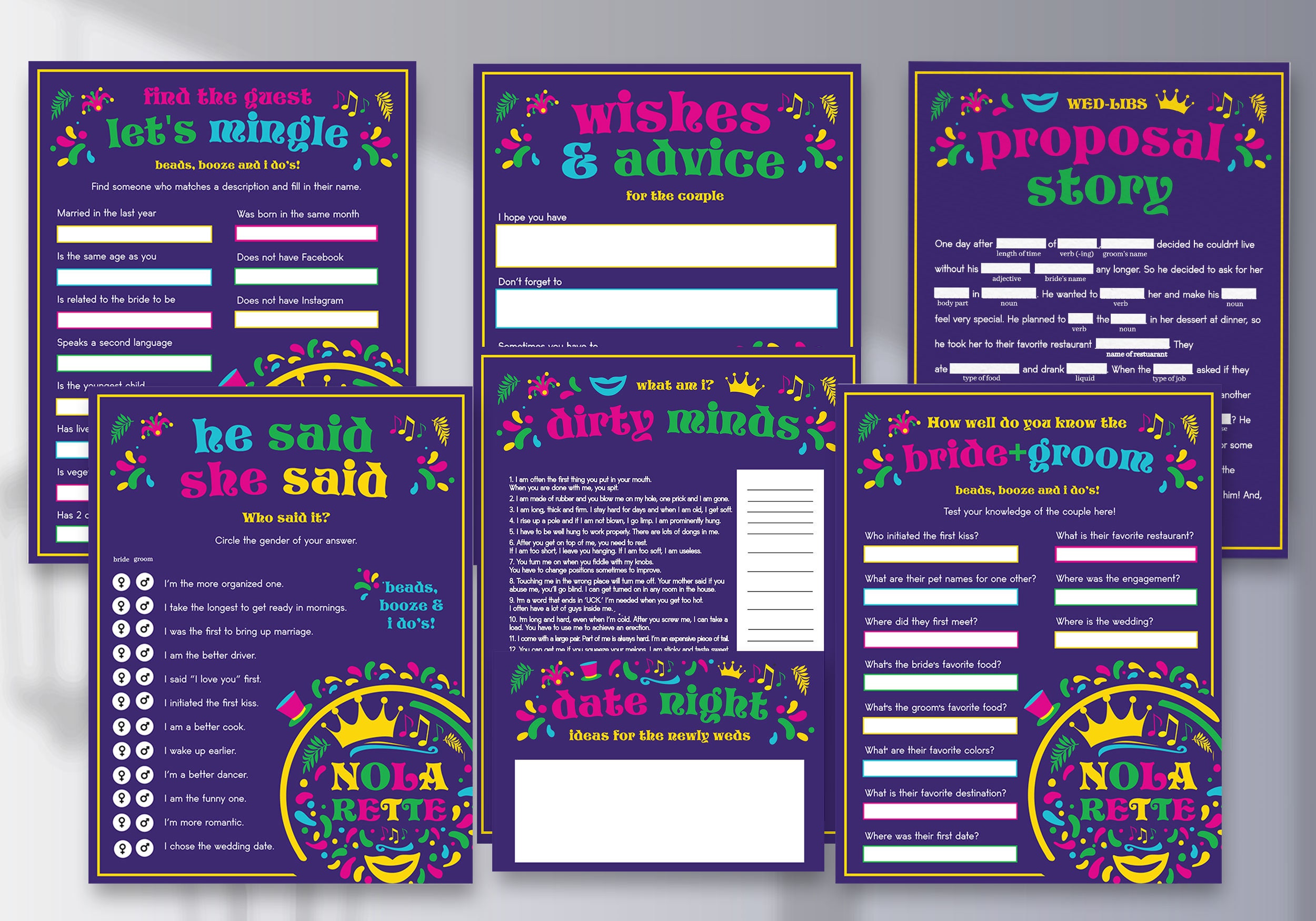 NOLA Bachelorette New Orleans Games Kit Bundle, Mardi Gras Bachelorette ...