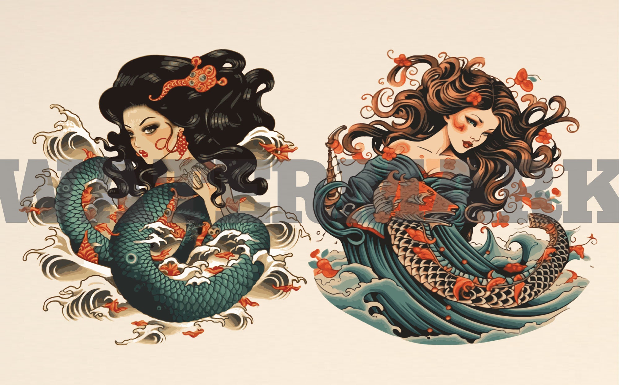 Traditional Japanese Mermaid Old School Vintage Tattoo Set PNG EPS SVG ...