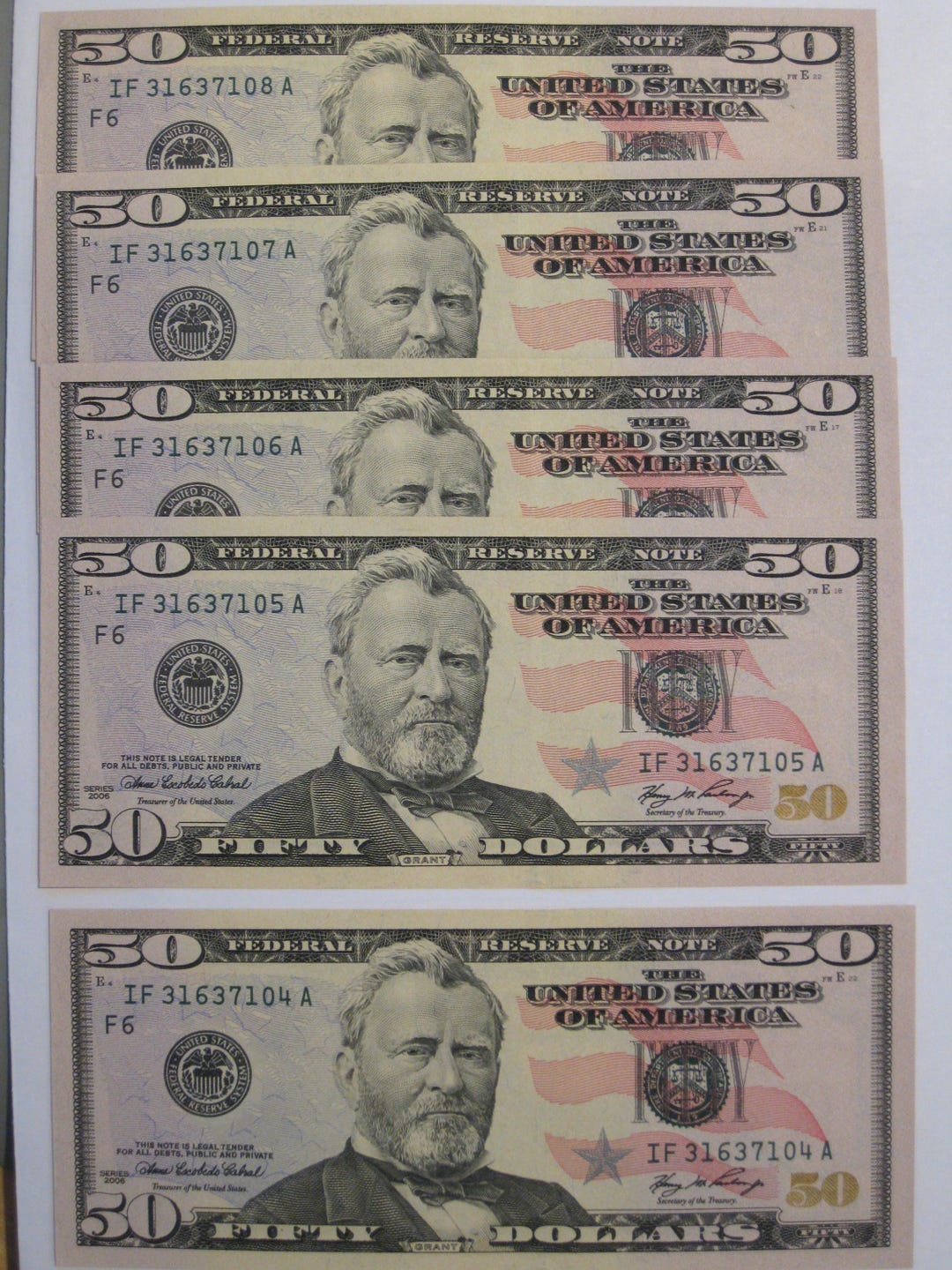 FIVE 2006 ~ 50 DOLLAR BILLS With Sequential Serial Numbers - United ...