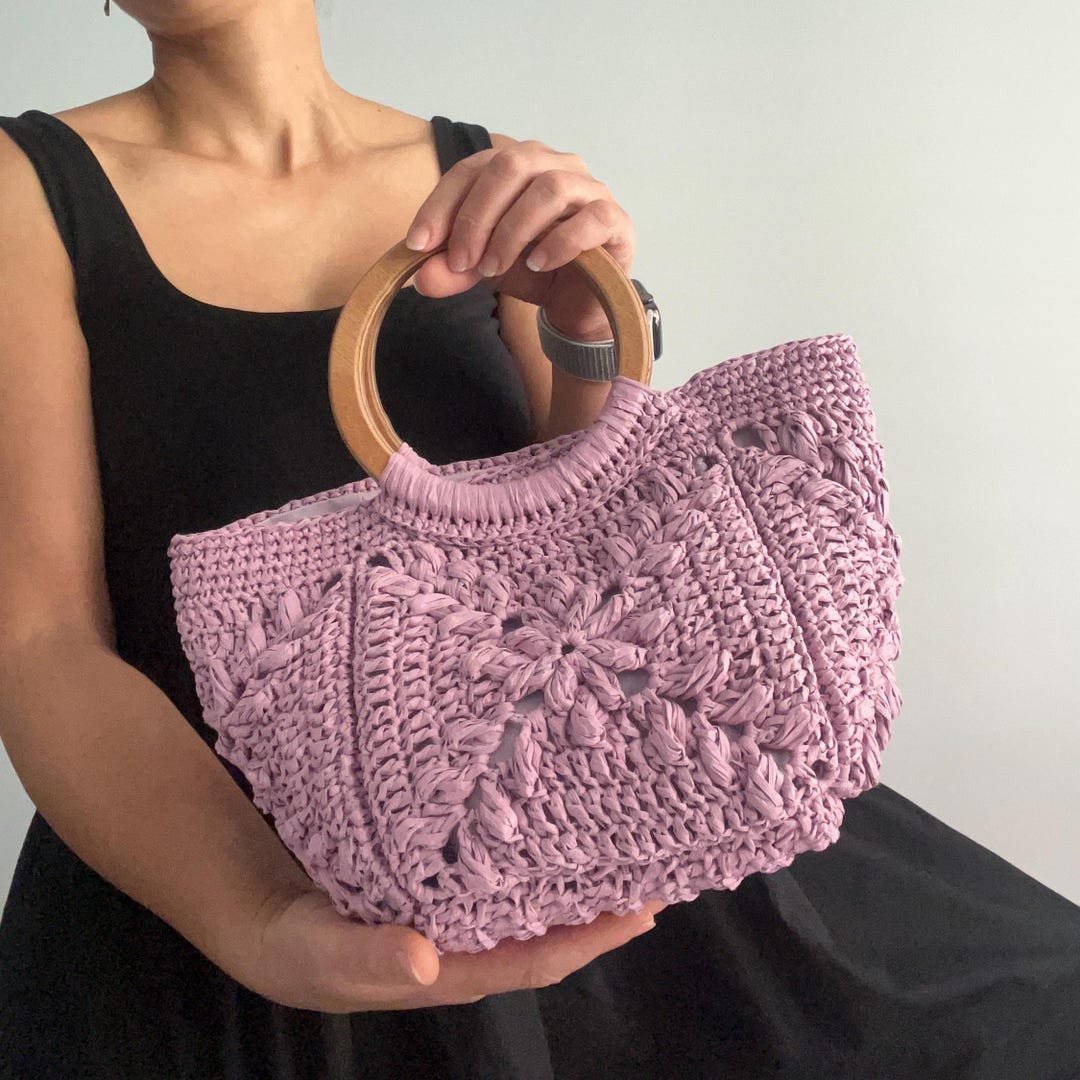 Crochet Raffia Bag: Handmade Motif Tote With Wooden Handle - Etsy
