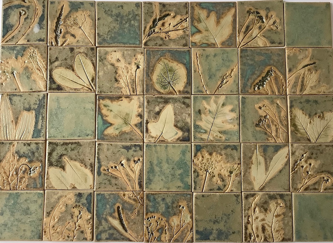 The Tiles Set "green Garden”,handmade Ceramic Tiles,plant Motif,hand ...