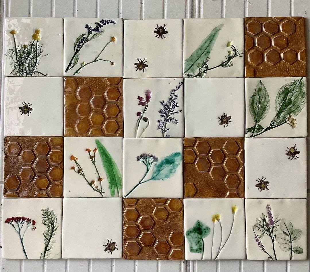 Tile Set “flower Meadow, Honey and Bees”, Handmade Ceramic Tiles ...