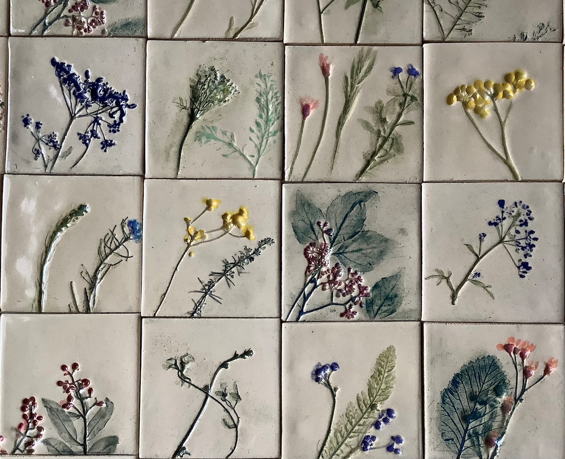 Flower Meadow” Tile Set, Handmade Ceramic Tiles, Natural Clay Color ...
