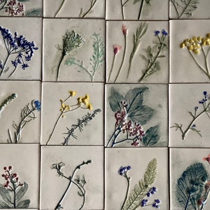 Flower Meadow” Tile Set, Handmade Ceramic Tiles, Natural Clay Color ...