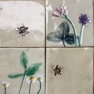 Tile Set ‘flower Meadow and Bees’, Handmade Ceramic Tiles, Natural Clay ...