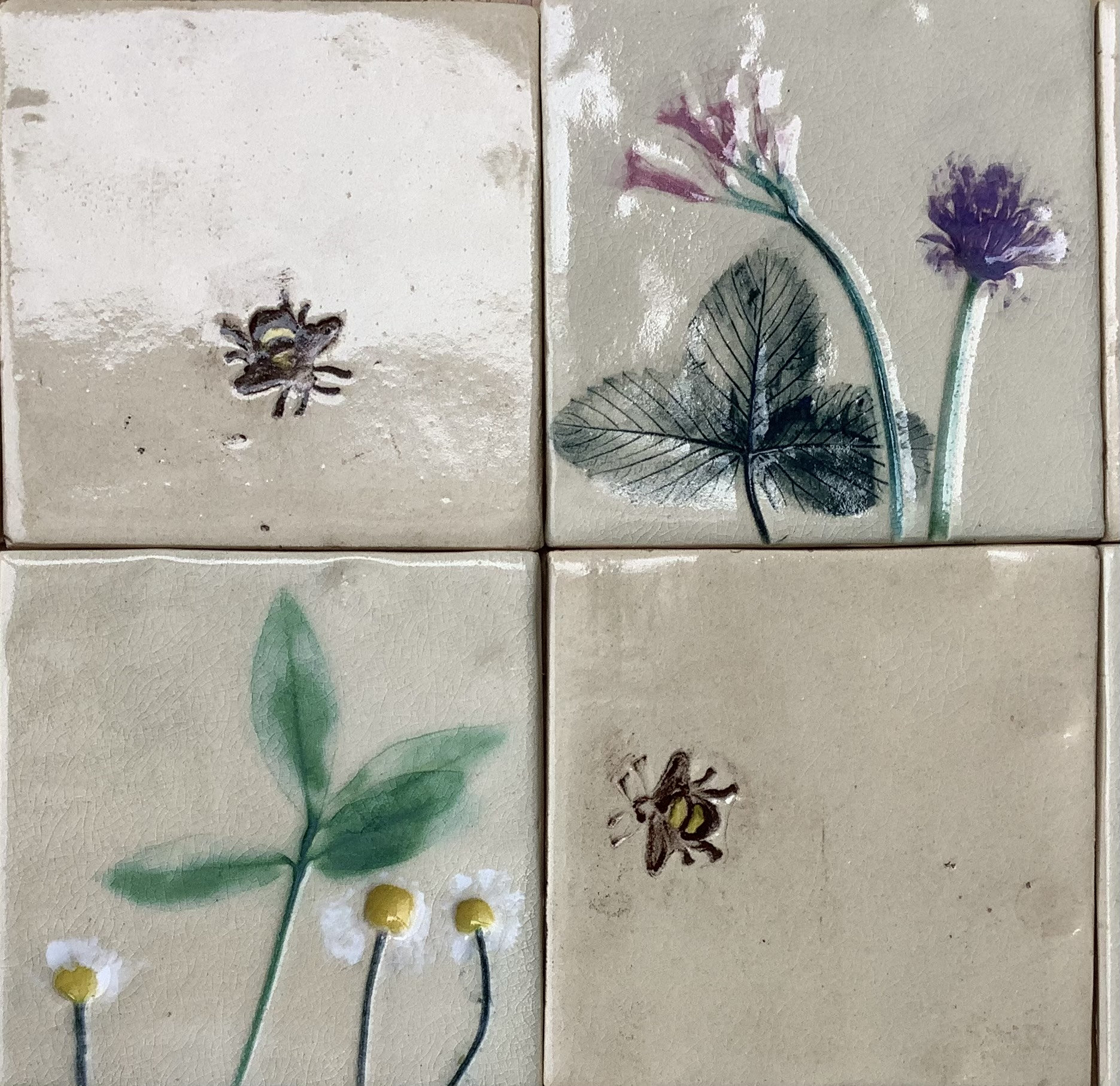 Tile Set ‘flower Meadow and Bees’, Handmade Ceramic Tiles, Natural Clay ...
