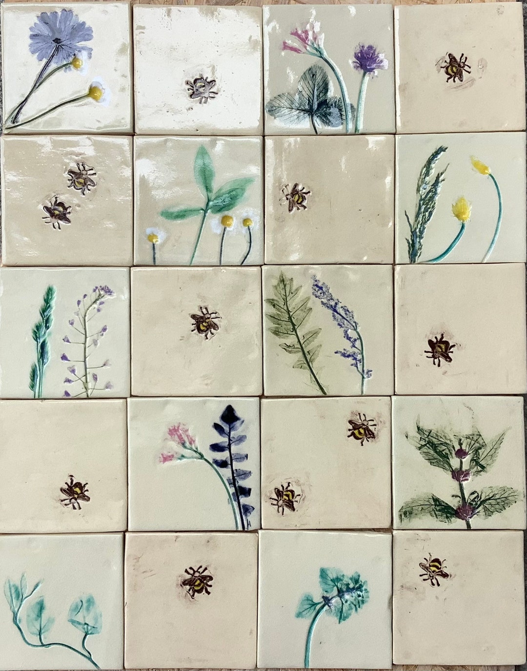Tile Set ‘flower Meadow and Bees’, Handmade Ceramic Tiles, Natural Clay ...