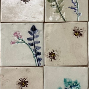 Tile Set ‘flower Meadow and Bees’, Handmade Ceramic Tiles, Natural Clay ...