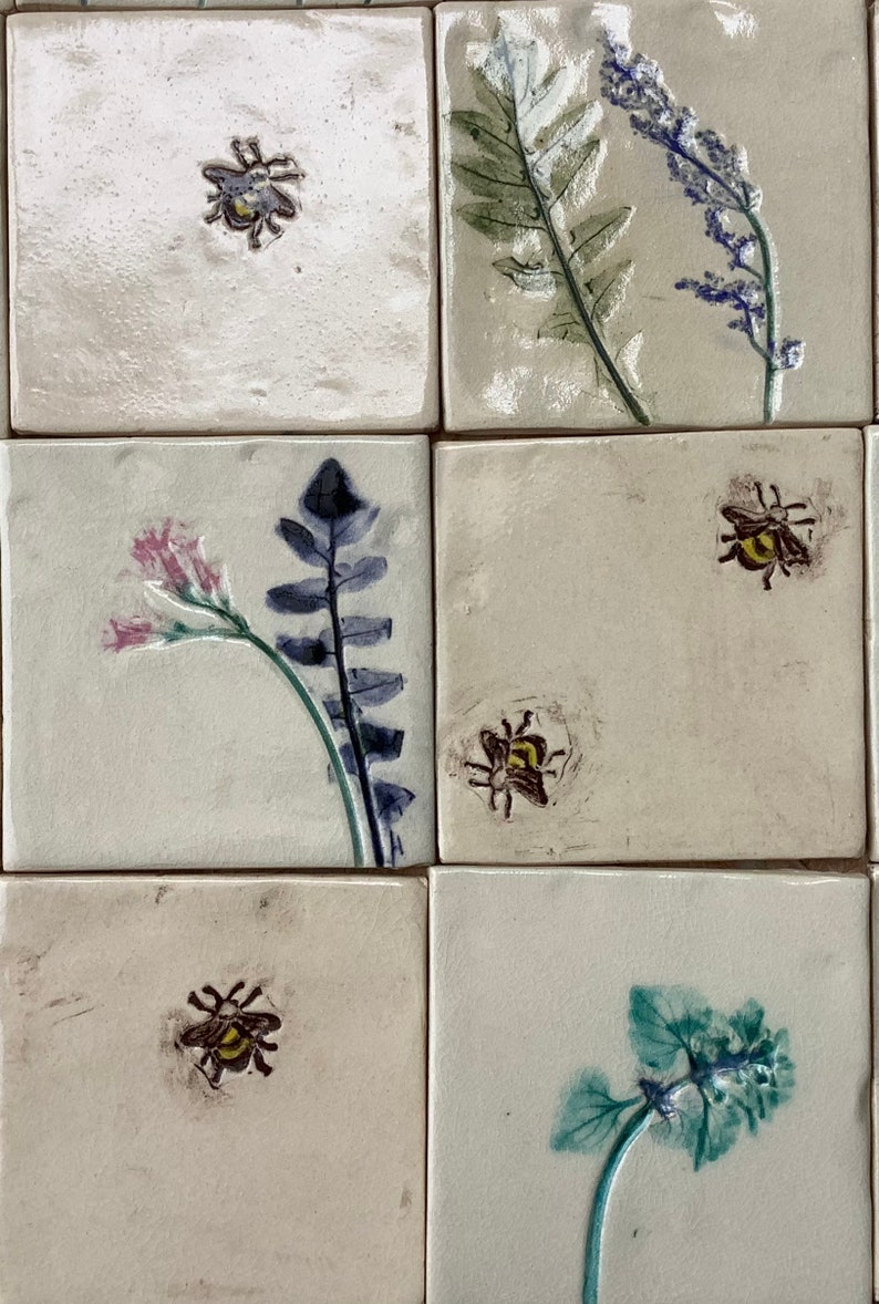 Tile Set ‘flower Meadow and Bees’, Handmade Ceramic Tiles, Natural Clay ...